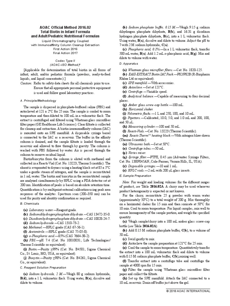 AOAC Official Method 2016.02 Biotin | PDF | High Performance Liquid ...