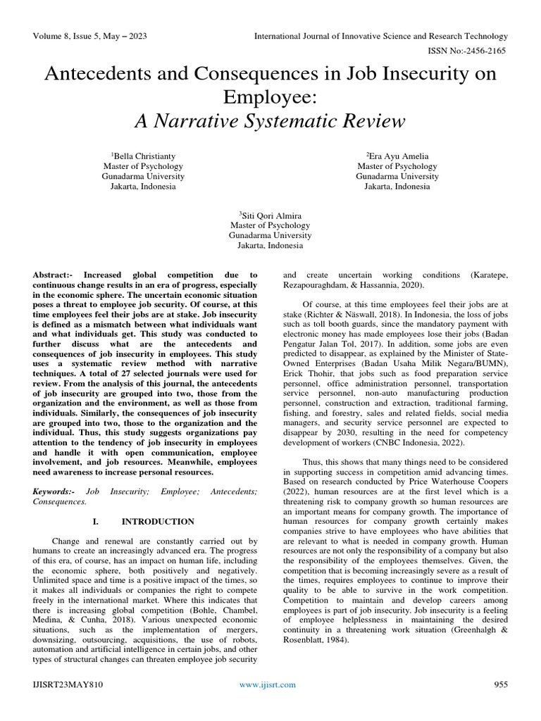Antecedents and Consequences in Job Insecurity On Employee A Narrative Systematic Review | PDF ...