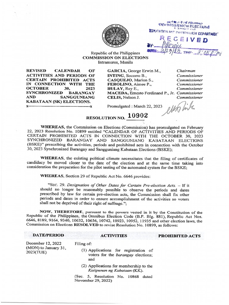 RESO 10902 Revised Calendar of Activities Perioed of Certain Prohibited ...