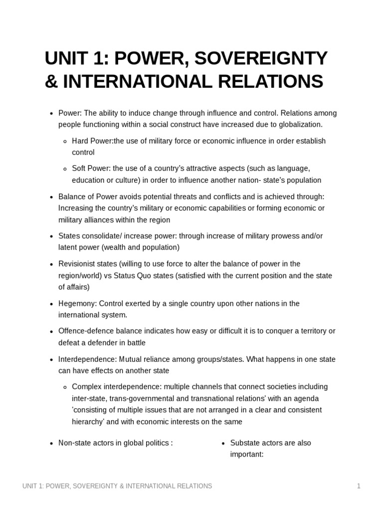 Unit 1 Power Sovereignty International Relations | PDF | State (Polity ...