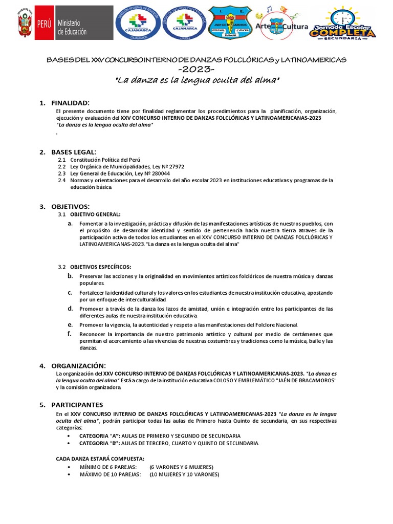 Bases Del Concurso Interno de Danzas Folclóricas-2023-Final | PDF | Bailes | Folklore
