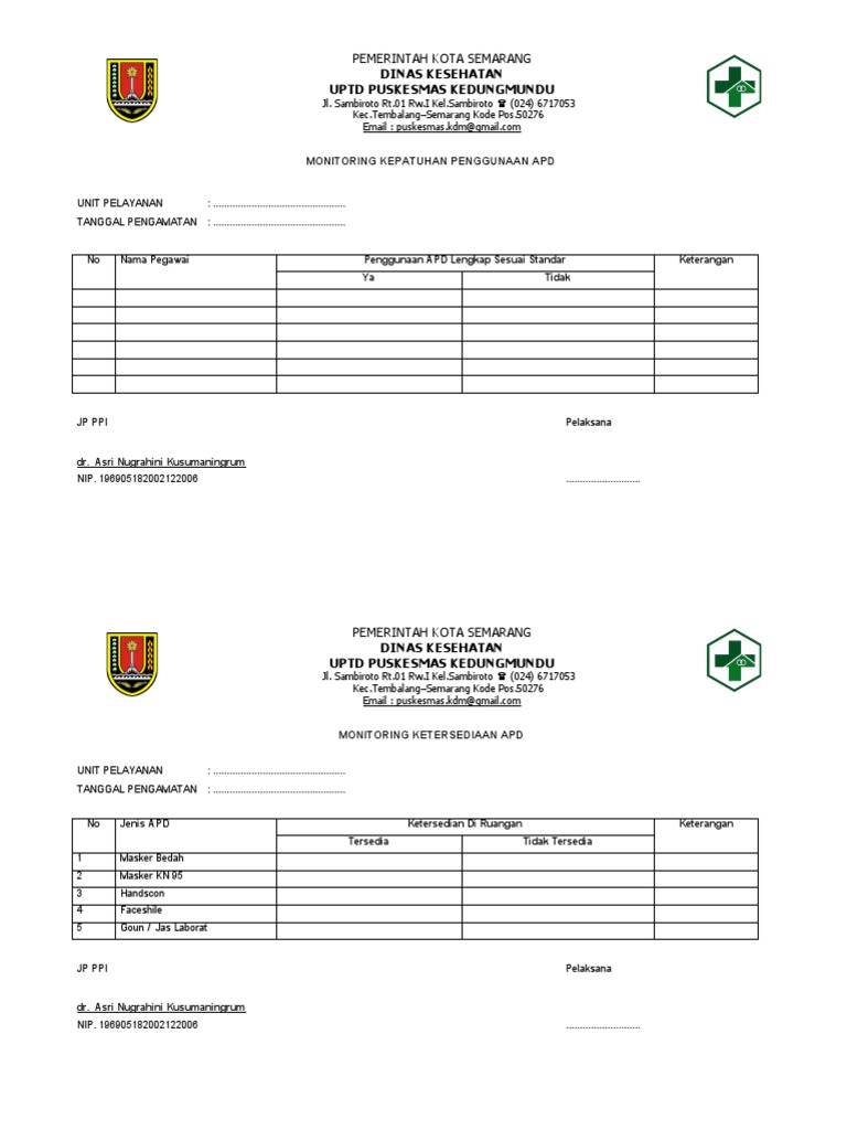 Monitoring APD Puskesmas Kedungmundu | PDF