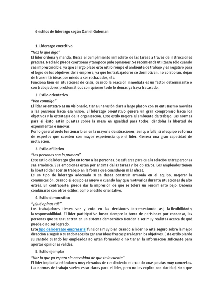 6 Estilos de Liderazgo Goleman | PDF | Liderazgo
