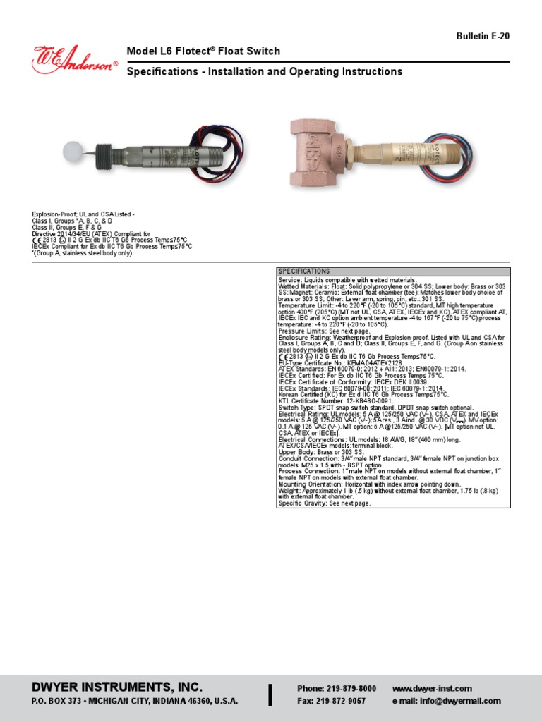 Model L6 Flotect® Float Switch | PDF | Electrical Wiring | Electrical Engineering