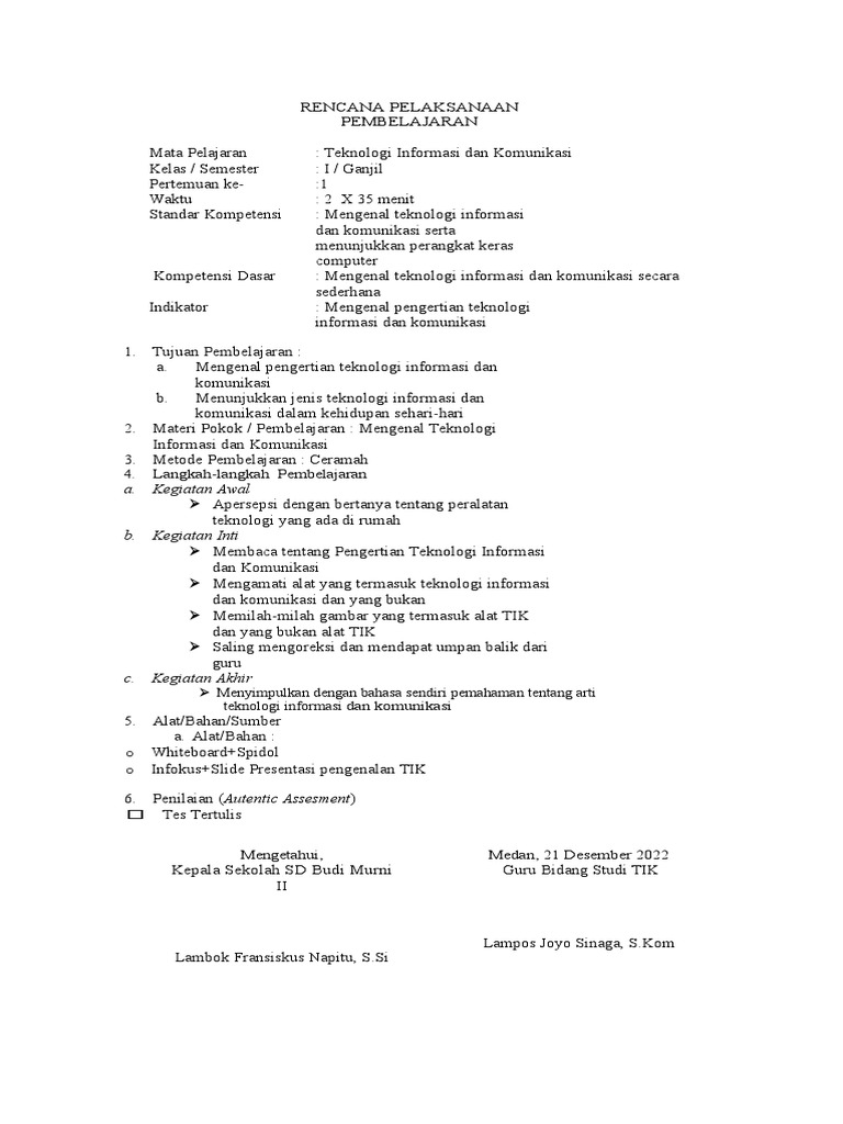 RPP Tik Kelas 1 SD | PDF | Seni | Komputer