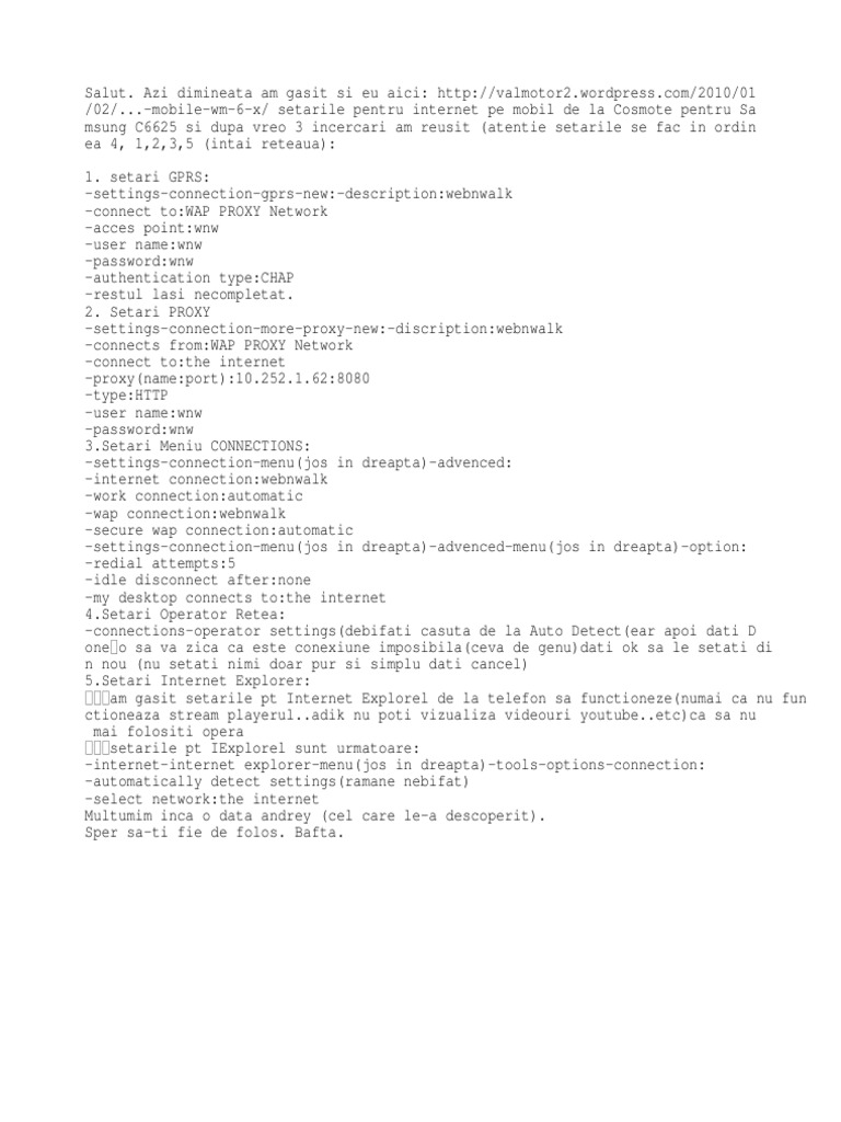 Setari Internet Cartela Frog Pe Samsung c6625 | PDF | Computers