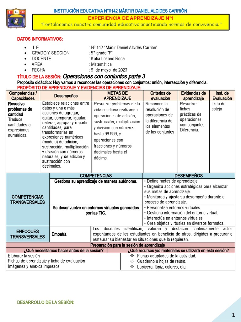 Sesion Matematica Operaciones Con Conjuntos | PDF | Evaluación | Aprendizaje