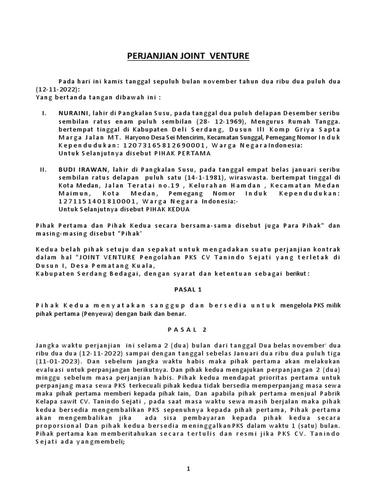10-11-2022 PERJANJIAN JOINT VENTURE - PKS TANINDO - Final | PDF