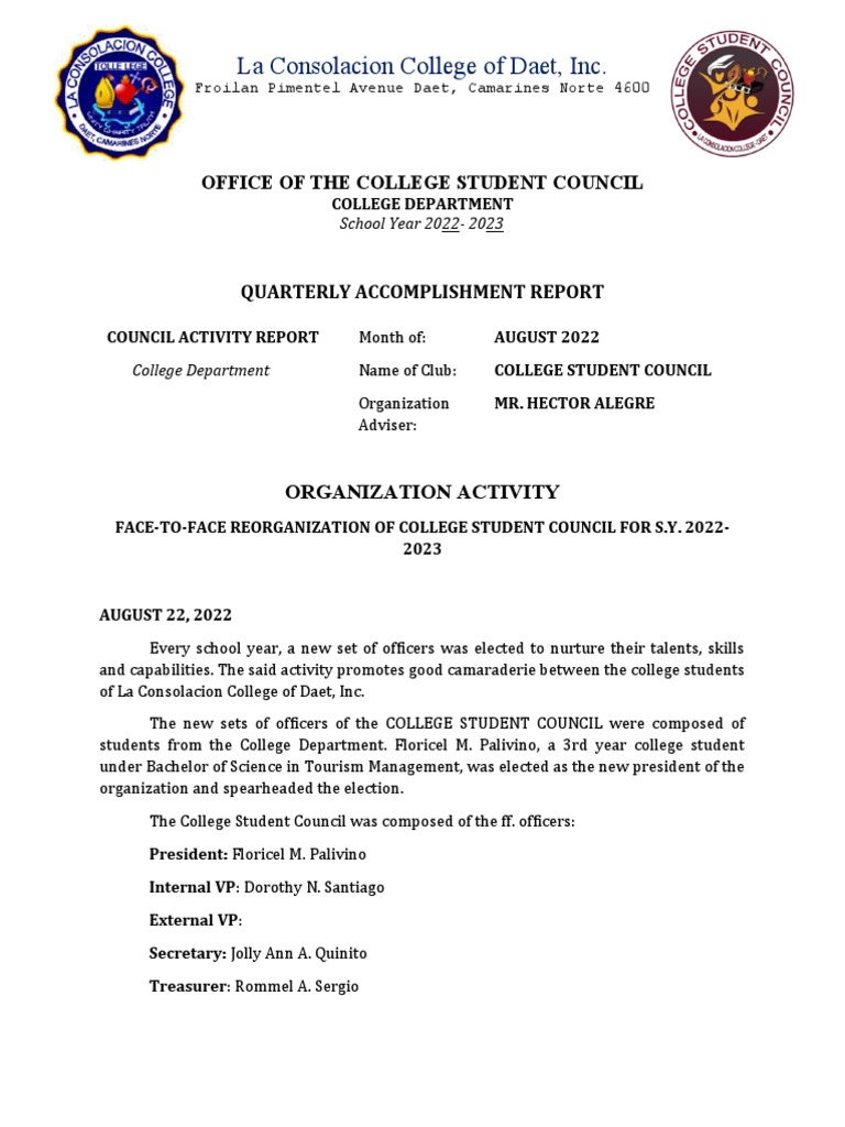 2022 2023 Accomplishment Report COLLEGE STUDENT COUNCIL | PDF