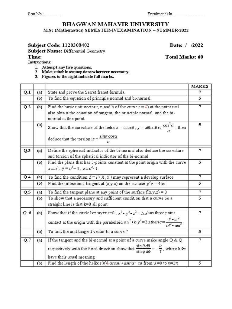Diffrential Geometry - MSC Mathematics - Sem-4 | PDF | Curvature | Applied Mathematics