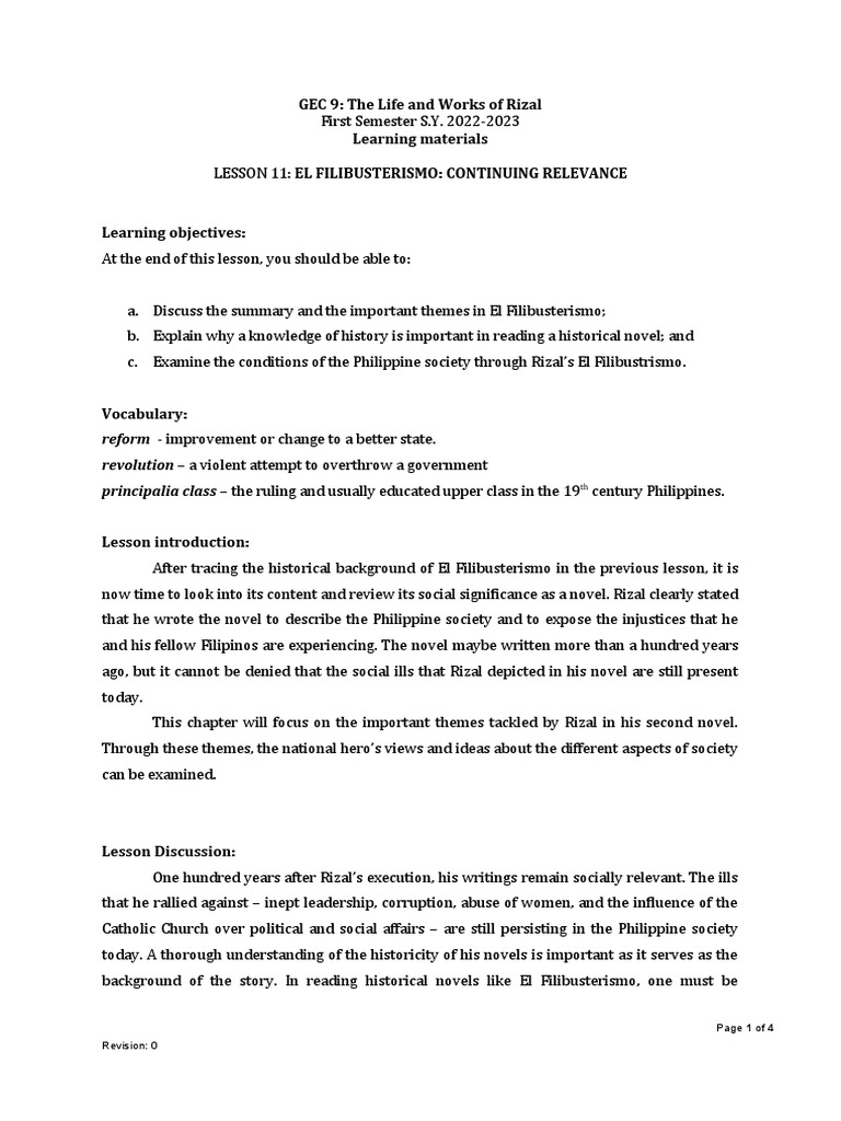 Lesson 11 El Fili Continuing Relevance | PDF | Philippines