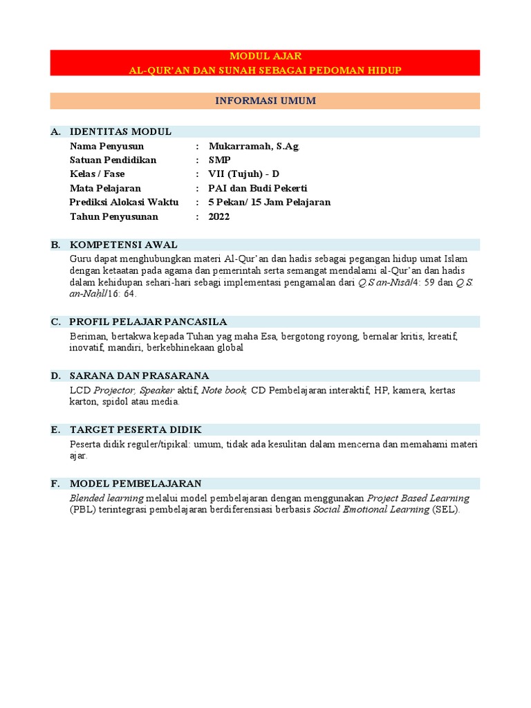 Modul Ajar Kelas 7 PAI - Bab 1 | PDF