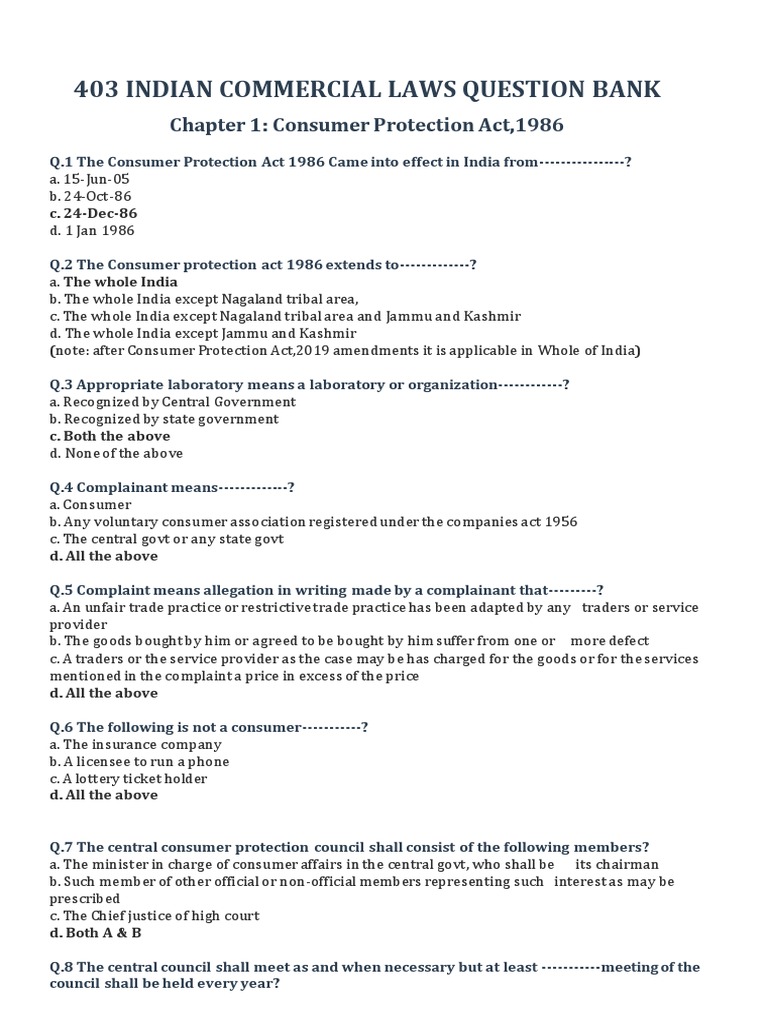 403 Indian Commercial Laws Question Bank: Chapter 1: Consumer ...