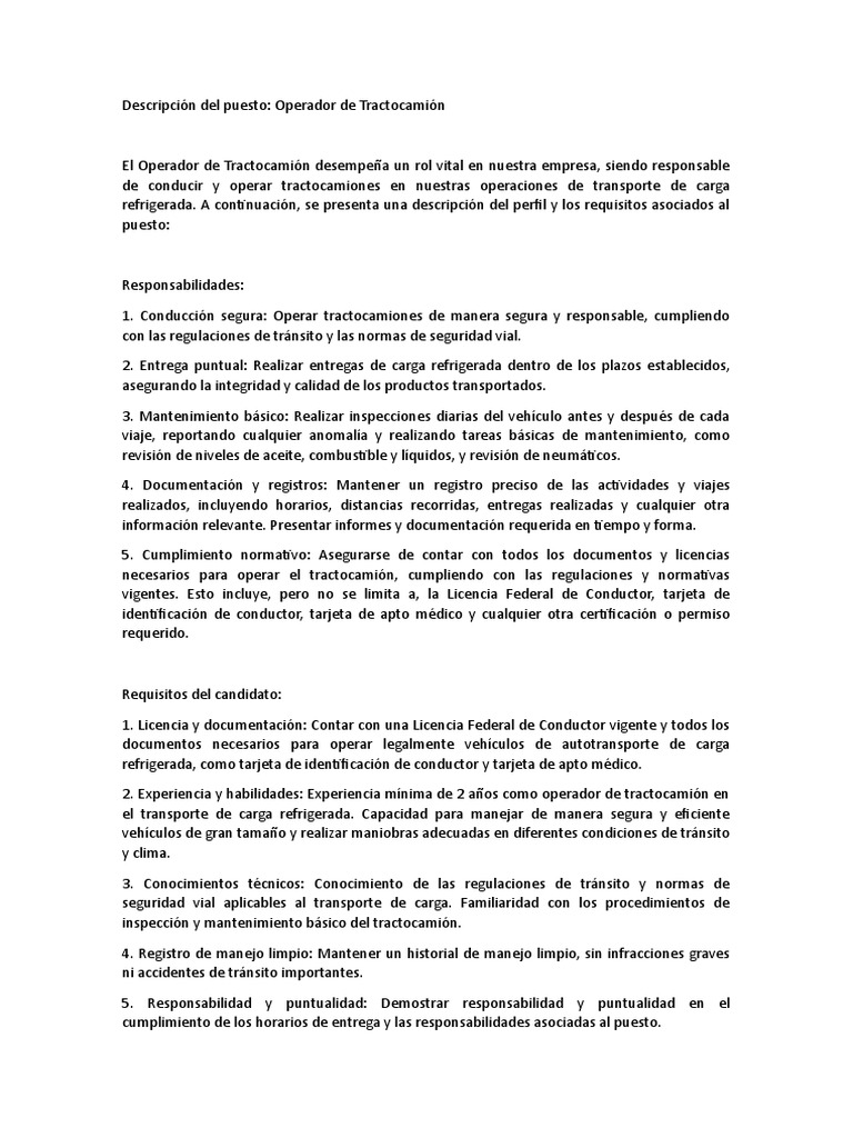 Requisitos para Operador de Tractocamión | PDF | Transporte | Seguridad ...