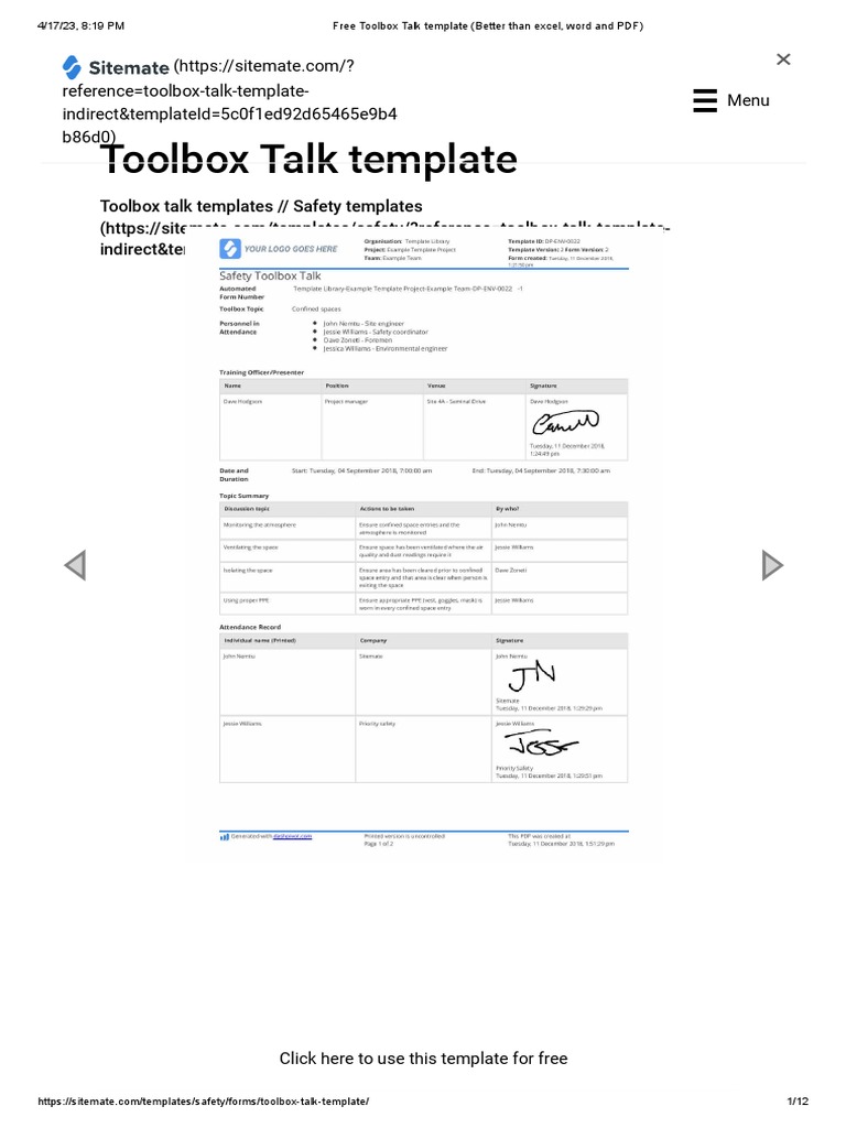Free Toolbox Talk Template (Better Than Excel, Word and PDF | PDF ...