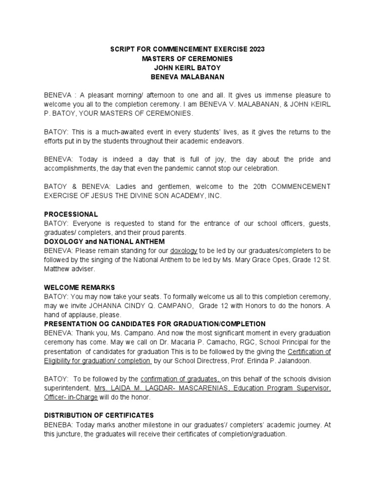 Script For Commencement Exercise 2023 | PDF
