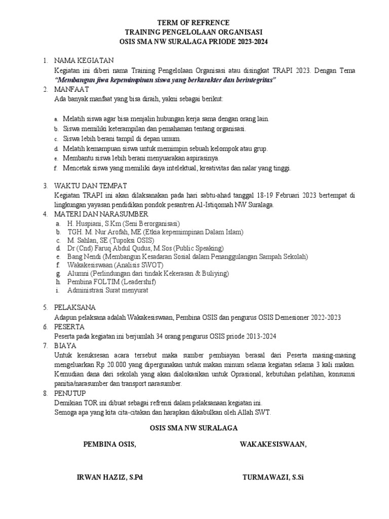 Tor Pelatihan Osis | PDF