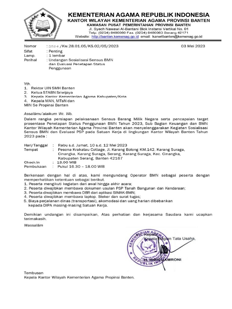 Surat Undangan Evaluasi PSP Dan Sosialisasi Sensus BMN 2023 (8 Mei 2023) | PDF