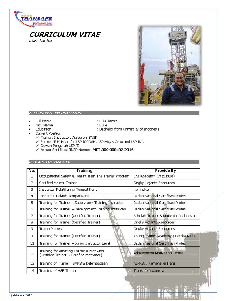 CV HSE Trainer Luki Tantra - Transafe - Update Apr 2022 | PDF ...