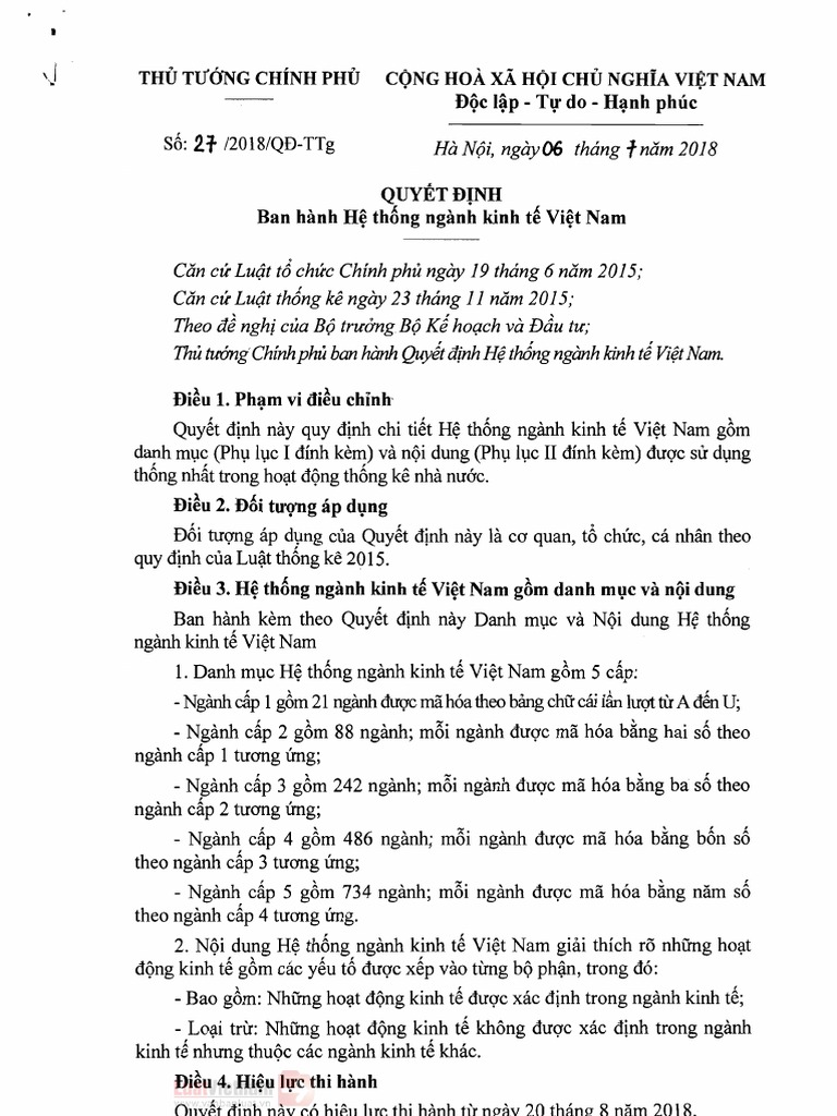 Quyet Dinh 27 2018 QD TTG Ban Hanh He Thong Nganh Kinh Te Viet Nam | PDF