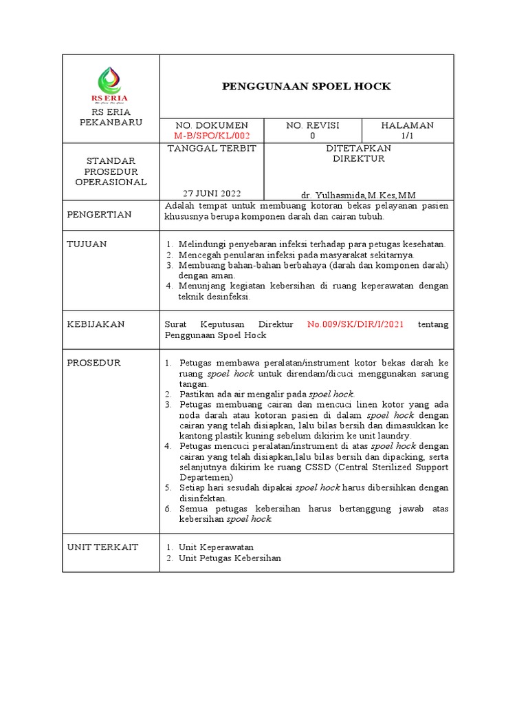 Prosedur Penggunaan Spoel Hock RS Eria | PDF