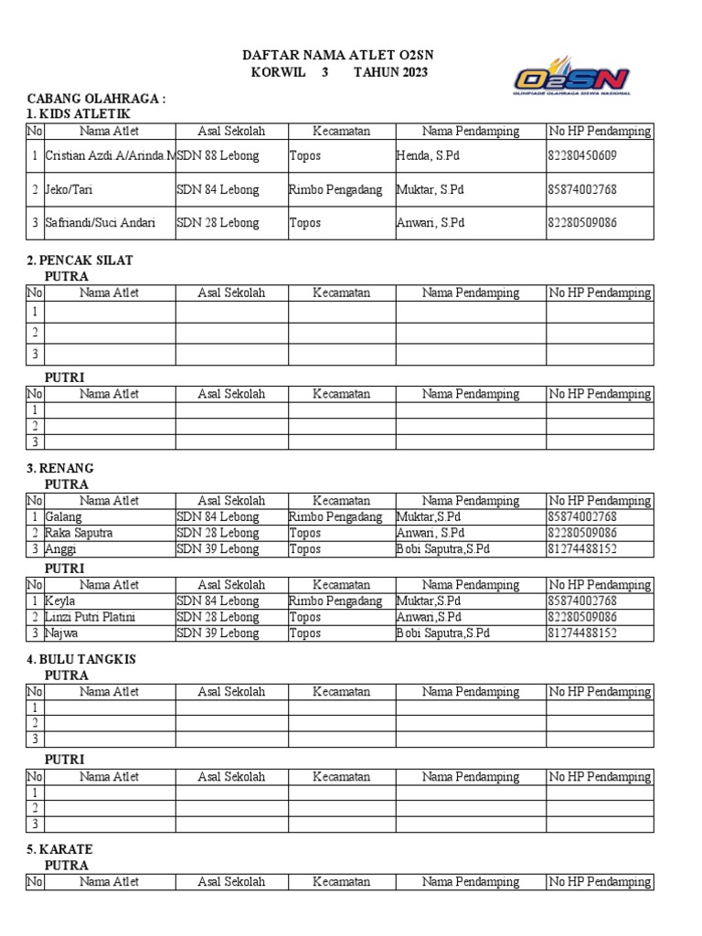 Daftar Atlet O2sn 2023 | PDF