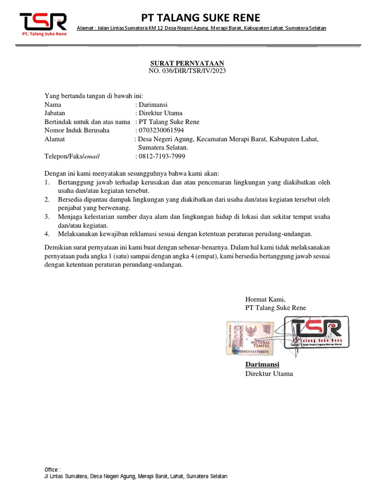 13 Surat Pernyataan Lingkungan | PDF