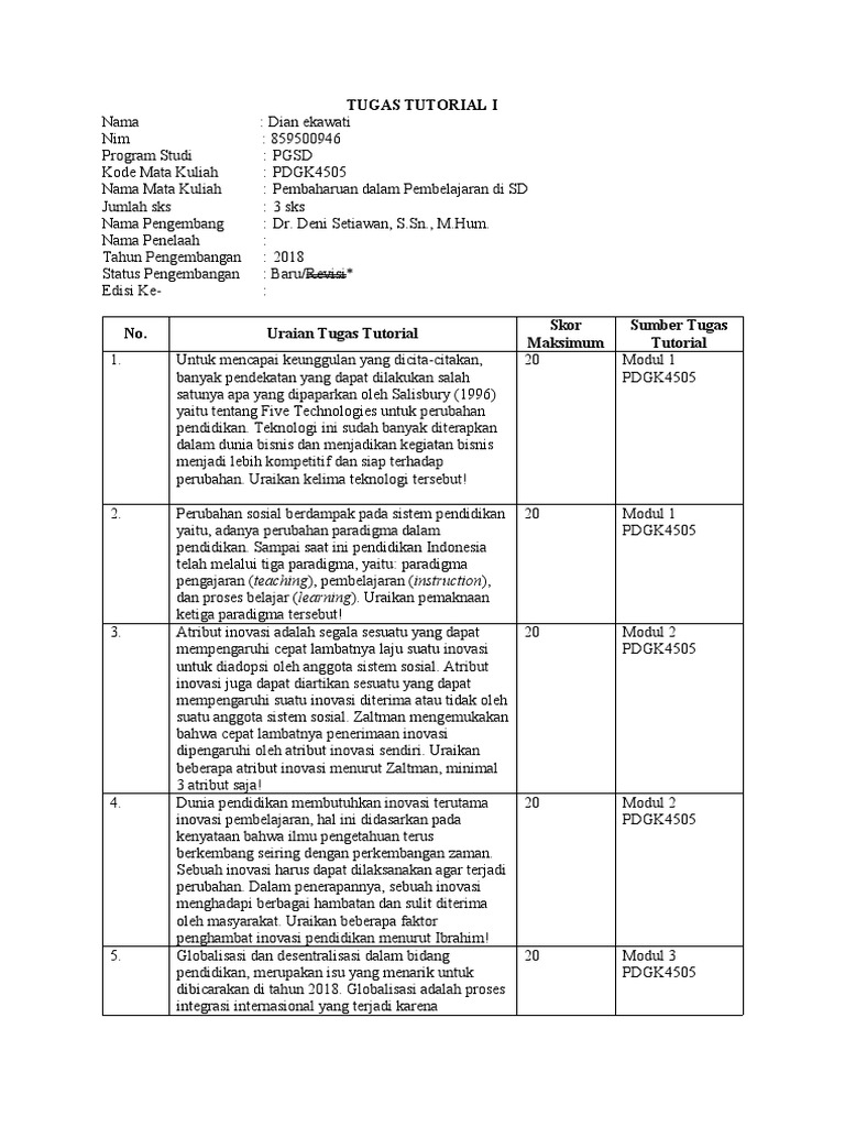 TUGAS TUTORIAL I (1) Pembaharuan Dalam Pembelajaran Di SD | PDF | Karier & Perkembangan | Bisnis