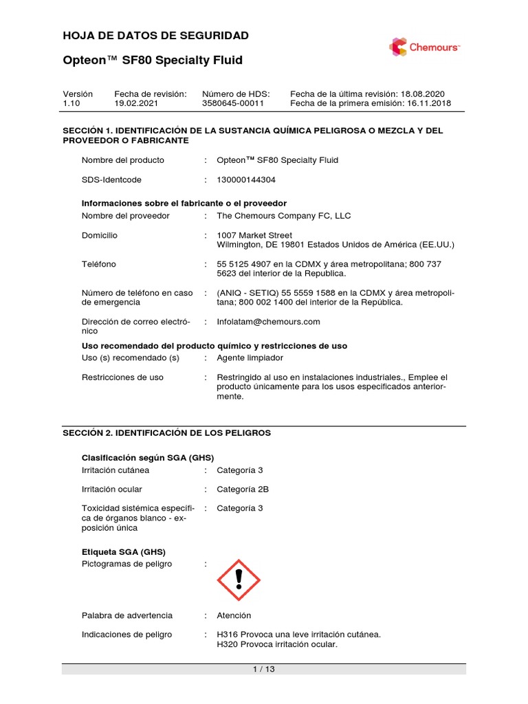 Sds Opteon Sf80 | PDF | Ciencias fisicas | Química