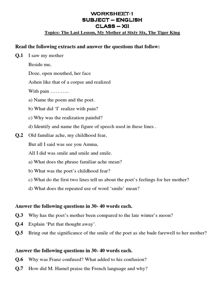 Worksheet Class XII English | PDF