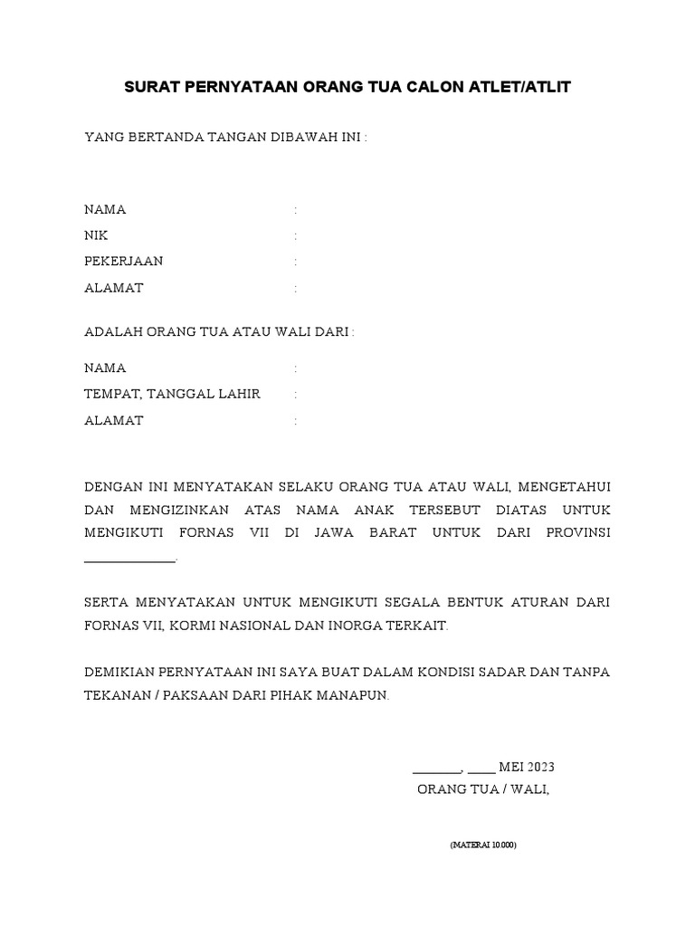 Surat Pernyataan Orangtua Calon Atlet 2023 | PDF