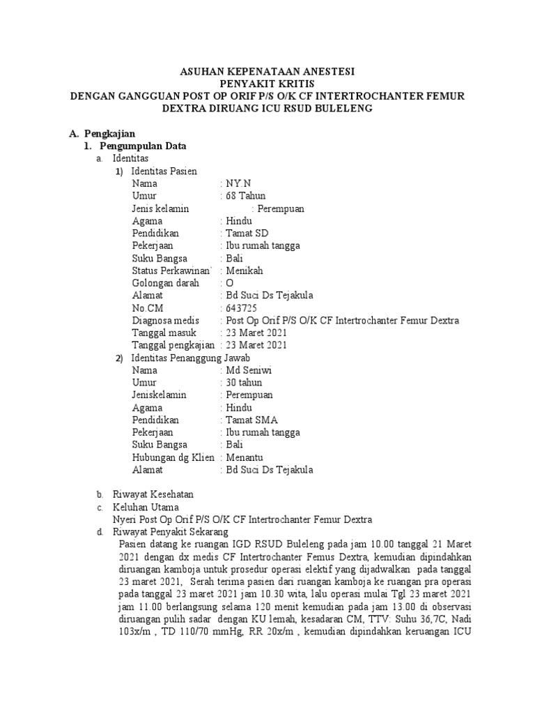 Asuhan Anestesi Pasien Post-Operasi Femur | PDF