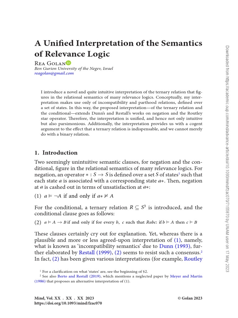 Golan Unified Interpretation Semantics Relevance Logic | PDF | Logic | Interpretation (Logic)