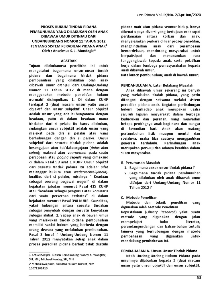 Pembunuhan Berencana oleh Anak di Bawah Umur | PDF