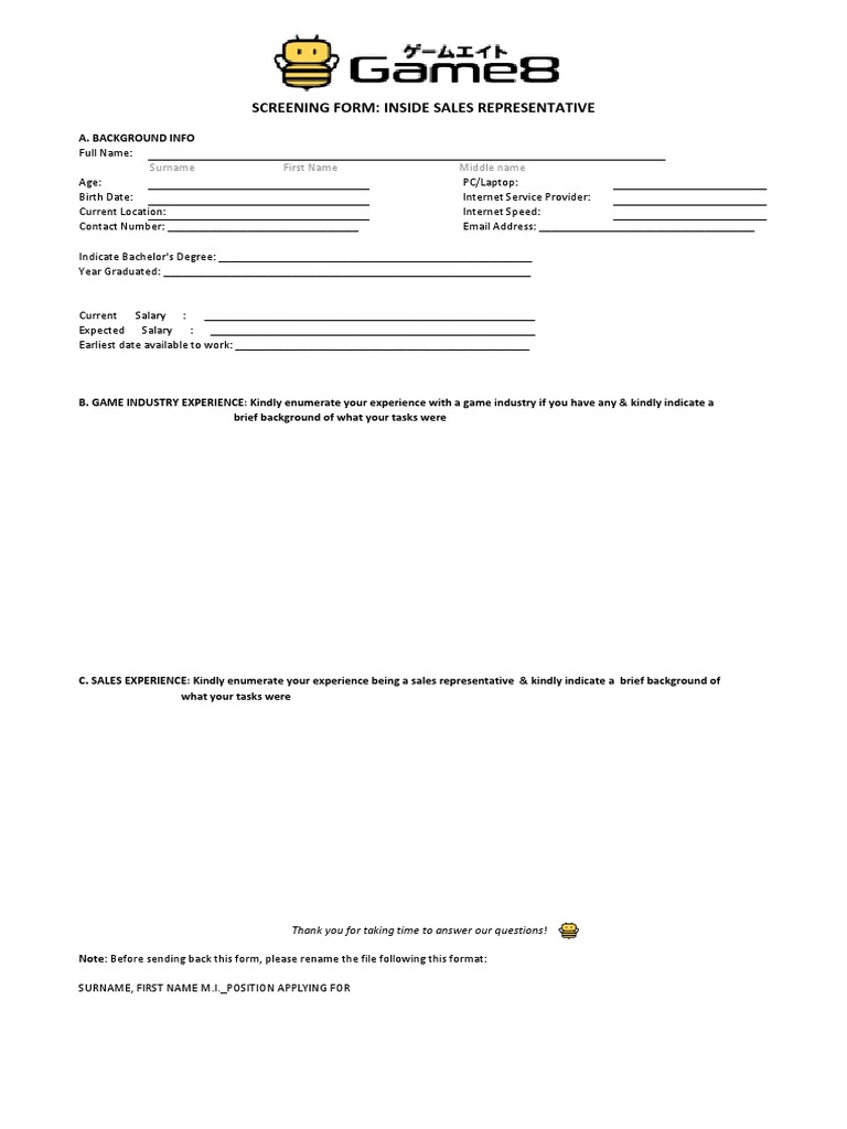 Inside Sales Rep Screening Form | PDF