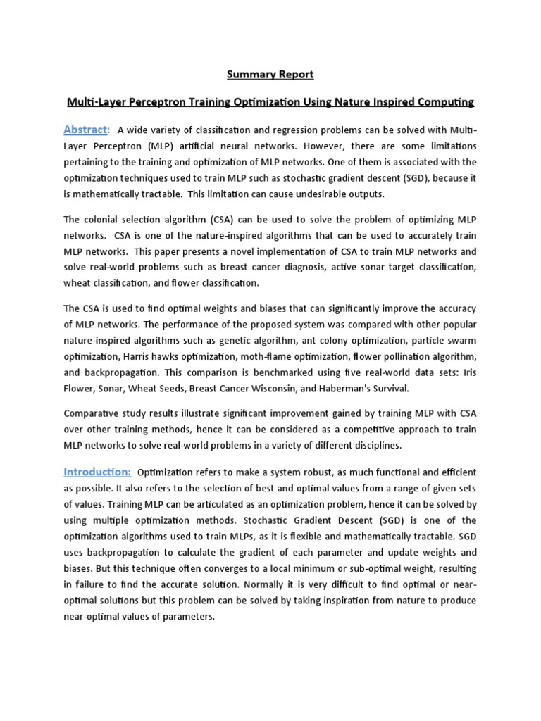 Abstract:: Summary Report Multi-Layer Perceptron Training Optimization Using Nature Inspired ...