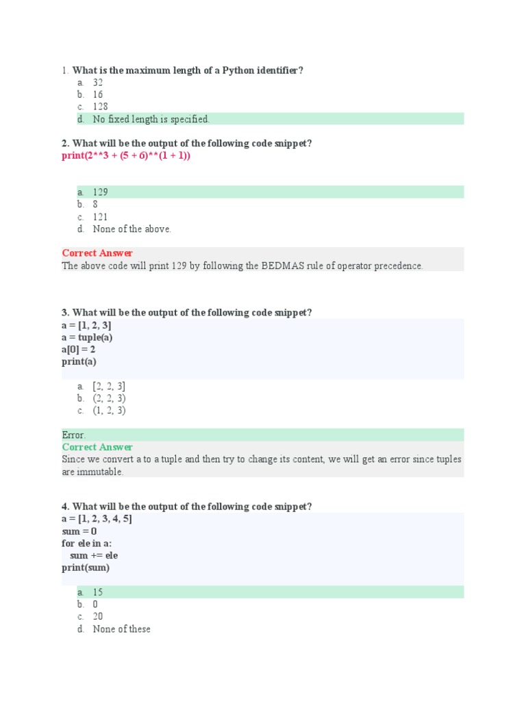 Python Programming Questions For Fresher Pdf Parameter Computer Programming Integer