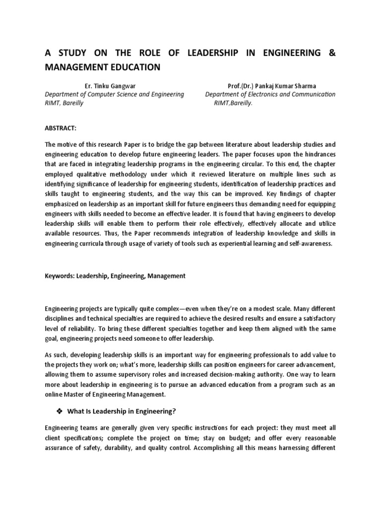 The Role of Leadership in Engineering & Management Education | PDF ...