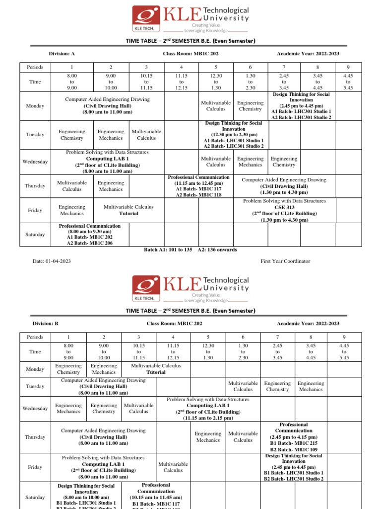 Time Table 2nd Sem B.E 2022-2023 01.04.23 | PDF | Engineering ...