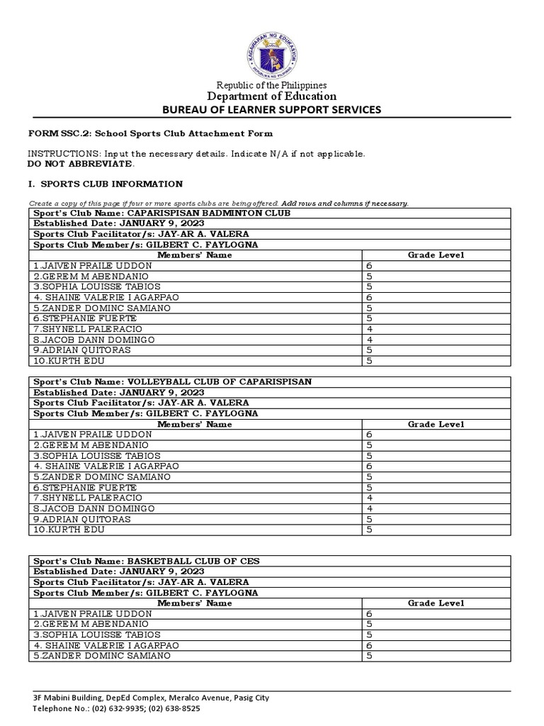 FORM SSC.2 School Sports Club Attachment Form v1 | PDF | Sports