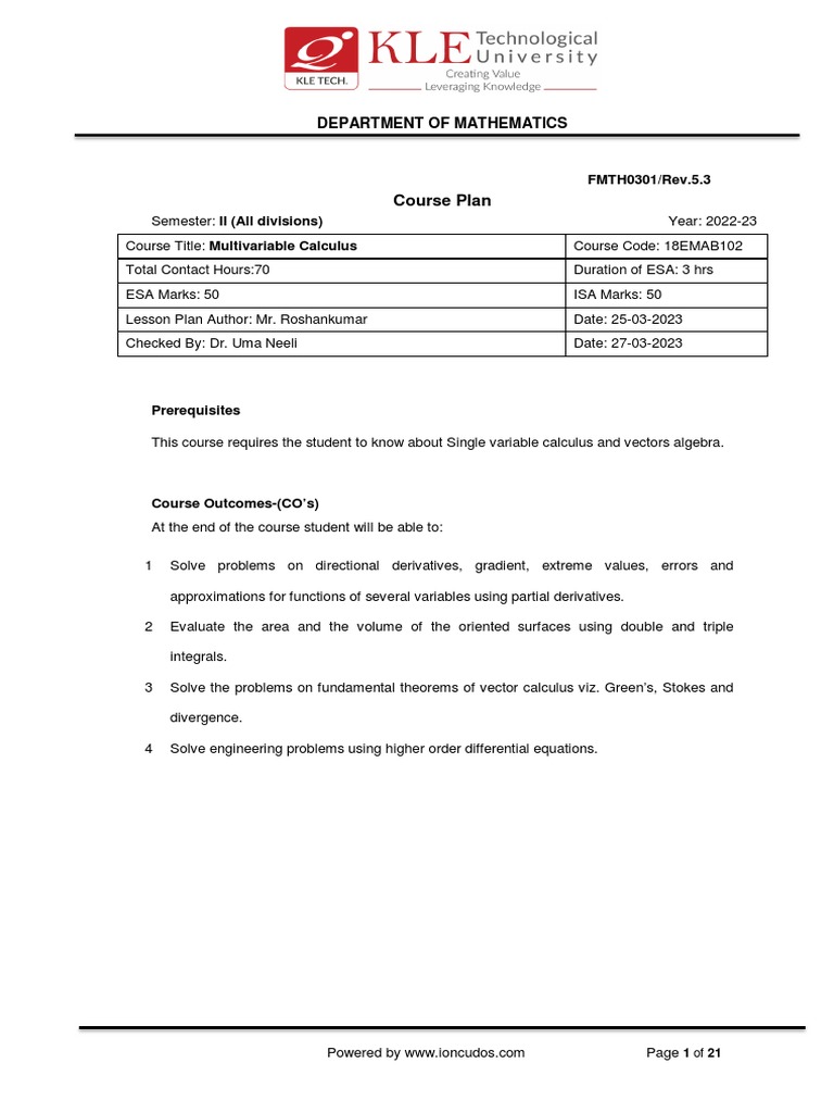 Course Plan: Department of Mathematics | PDF | Derivative | Integral