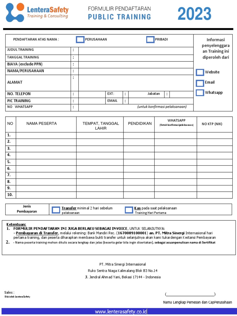 Formulir Pendaftaran Public Training 2023 | PDF