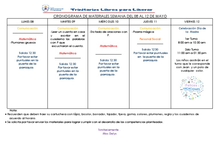 Cronograma de Materiales Semana Del 08 Al 12 de Mayo | PDF Cronograma de Materiales Semana Del 08 Al 12 de Mayo | PDF