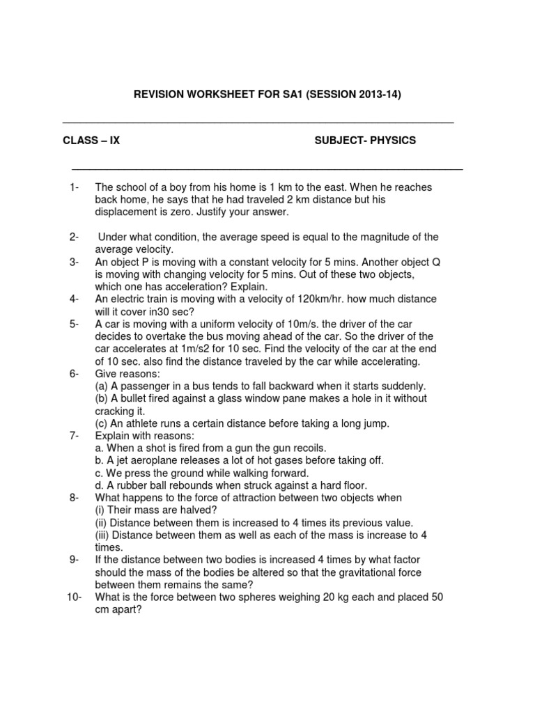 Cbse Class 9 Physics Worksheet Revision Pdf Mass Force
