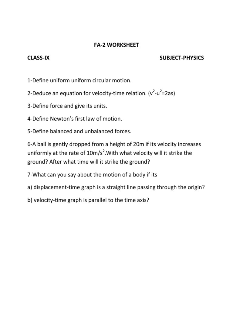CBSE Class 9 Physics Worksheet - Revision | PDF | Science & Mathematics
