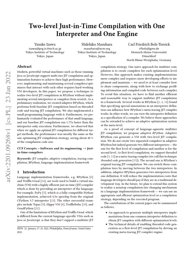 Two-Level Just-in-Time Compilation With One Interpreter and One Engine | PDF | Compiler ...