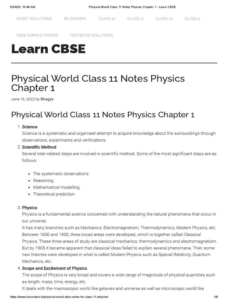 Physical World Class 11 Notes Physics Chapter 1 - Learn CBSE | PDF ...