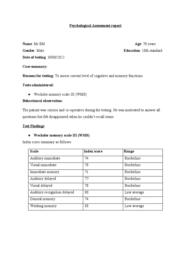 WMS Sample Report | PDF | Memory | Working Memory