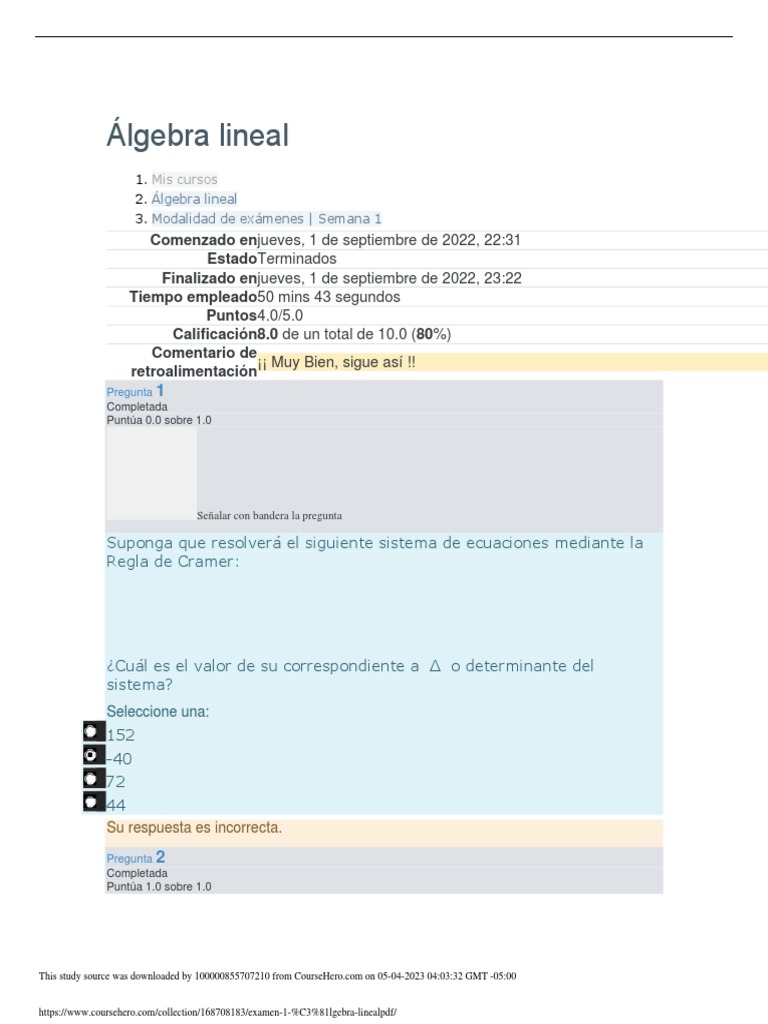 Examen 1 Lgebra Lineal PDF | Descargar gratis PDF | Matriz (Matemáticas) | Determinante