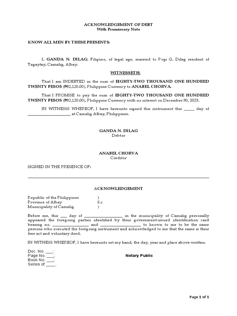 Acknowledgement of Debt With Promissory Note | PDF